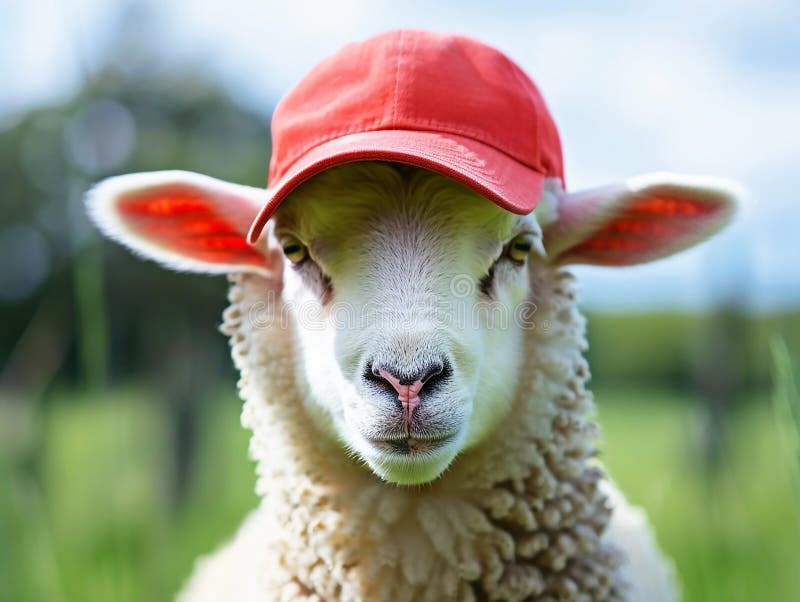 Cute Fluffy Ram with Curly Wool in Red Sports Baseball Cap Stock ...