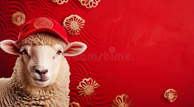 Cute Fluffy Ram with Curly Wool in a Red Sports Baseball Cap on Red ...