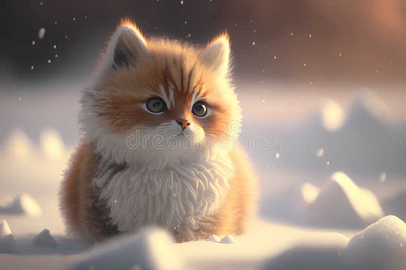 Cute Fluffy Red Cat in the Snow. 3d Rendering Stock Image - Image of ...
