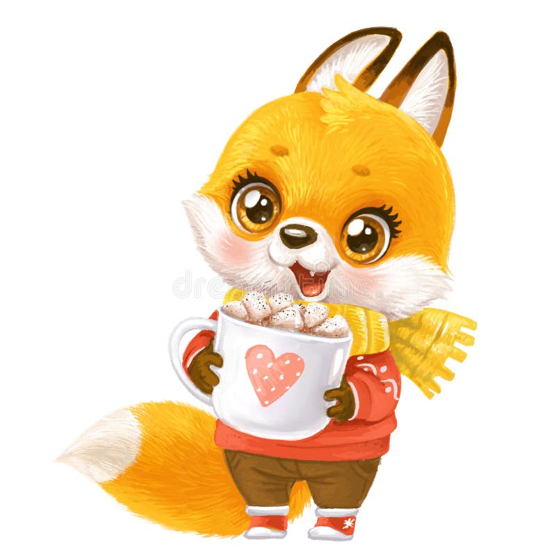 Cute Fluffy Red Fox with Big White Cup of Hot Drink Stock Photo - Image ...