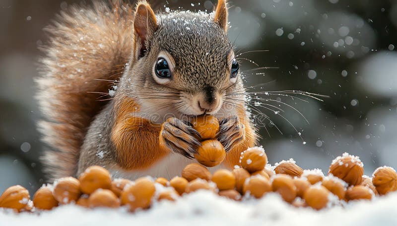 Cute Fluffy Rodent Eating Nut in Snowy Forest Generated by AI Stock ...