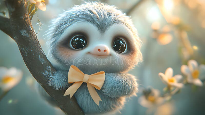 A Cute, Fluffy Sloth with Big Eyes and a Yellow Bow Hangs on a Branch ...
