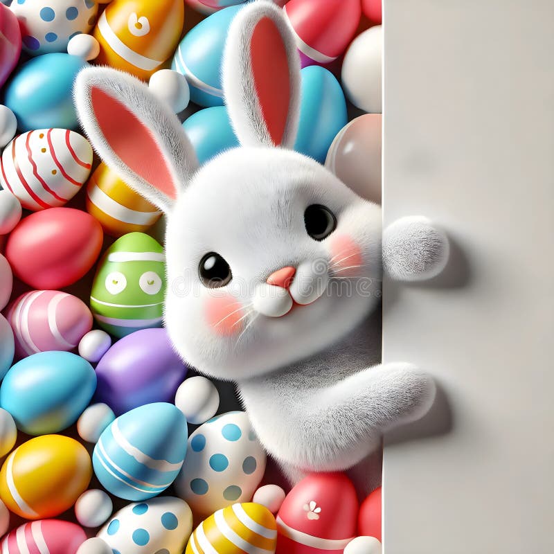 A Cute Bunny Peeking from Behind a Panel with Colorful Easter Eggs ...