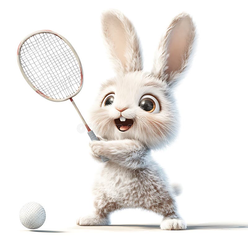 Cute Fluffy White Bunny Rabbit Playing Badminton 3D Cartoon Stock ...