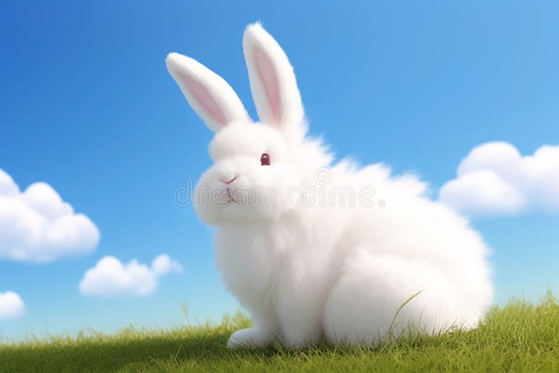 A Cute Fluffy White Bunny Sits on Green Grass Against a Cloudy Sky ...