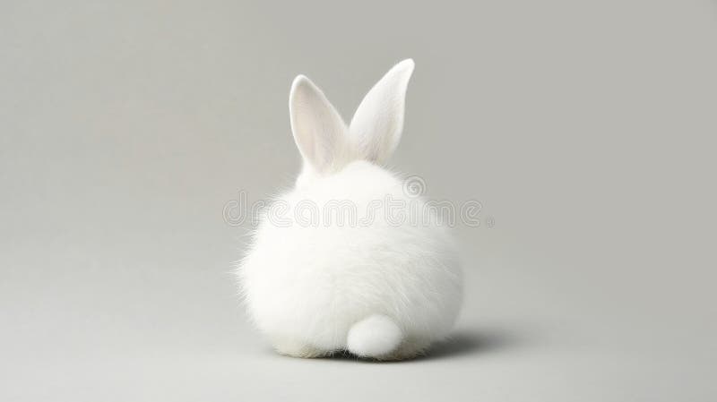 Cute Fluffy White Bunny Sitting with His Back To the Camera on Gray ...