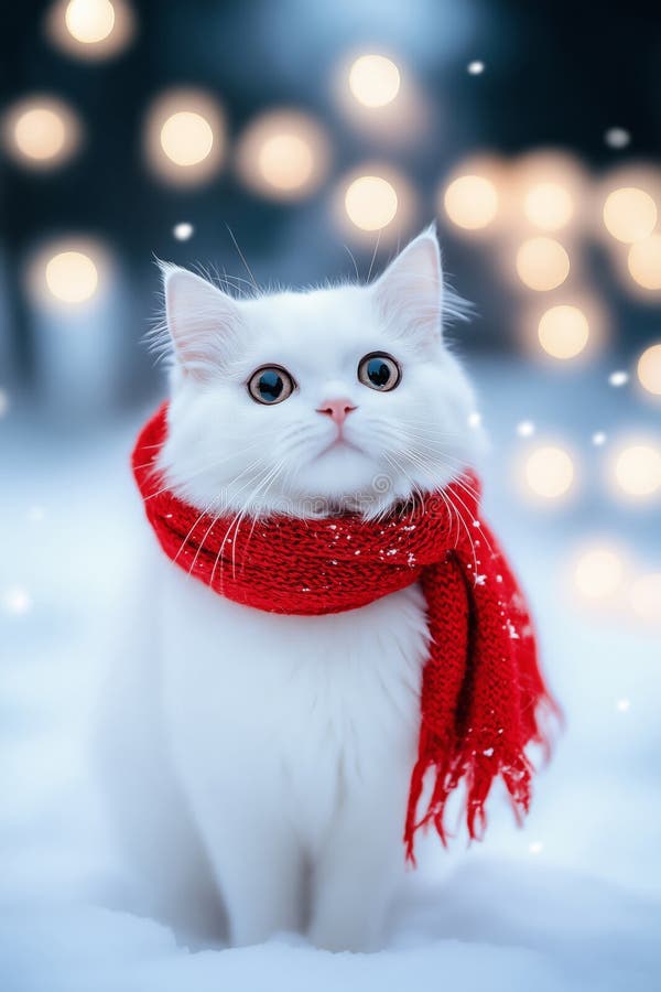 Cute Fluffy White Cat with Red Scarf. Stock Illustration - Illustration ...