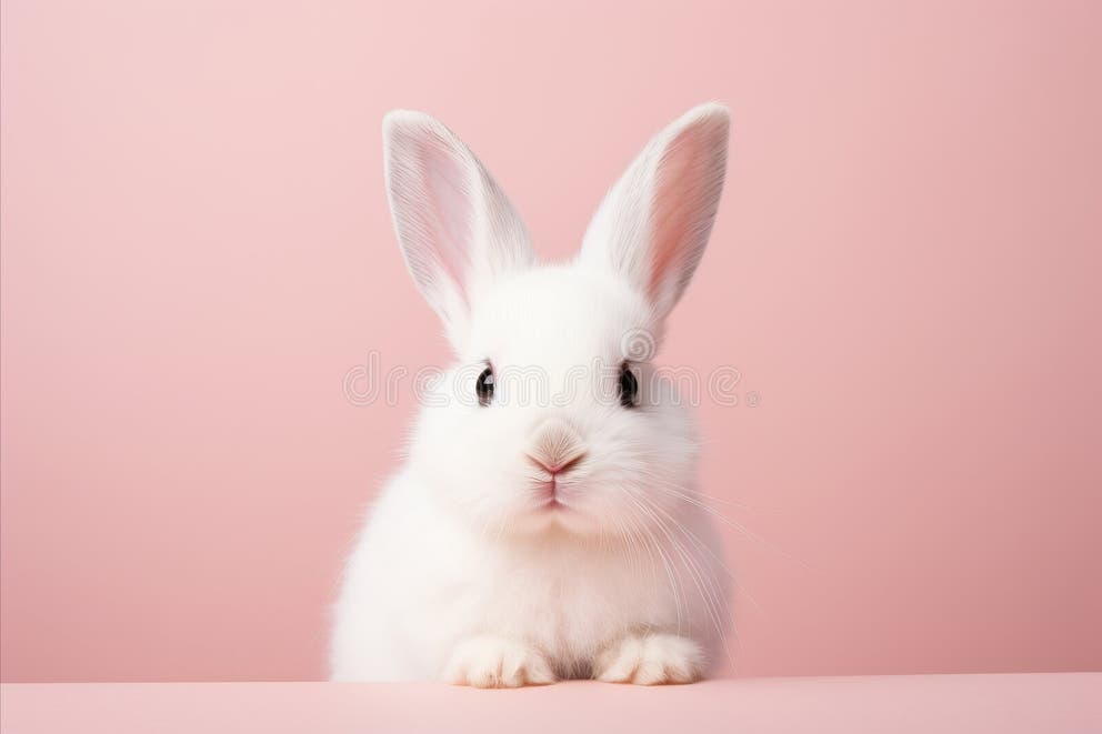 Cute Fluffy White Easter Bunny in Front of Pink Background - Spring ...