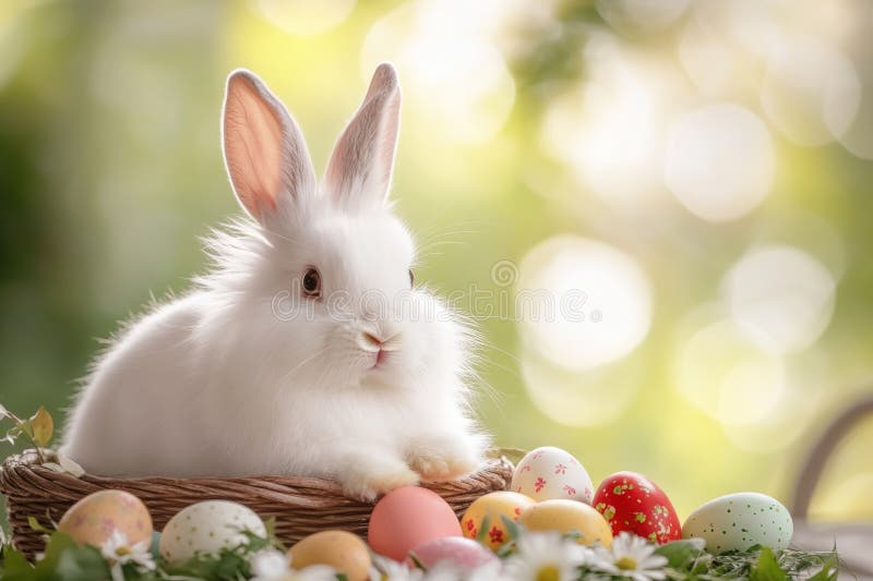 Cute Fluffy White Easter Rabbit Nestled in a Basket with Pastel Eggs ...