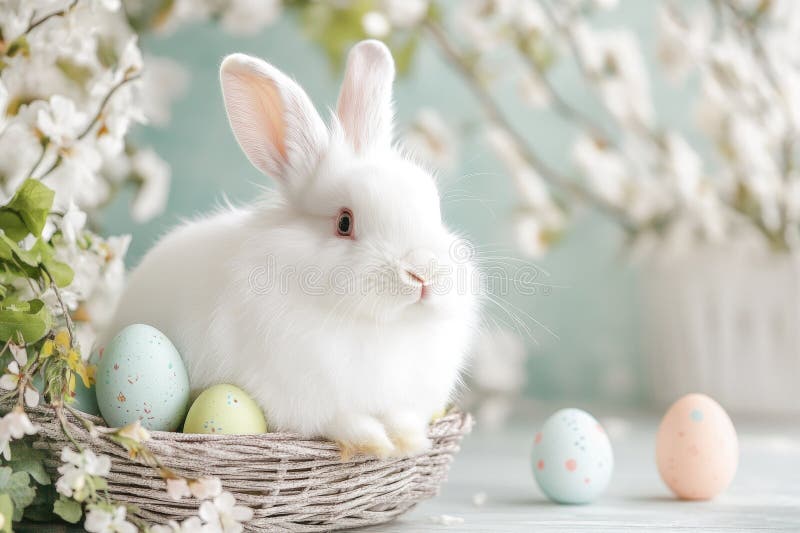 Cute Fluffy White Easter Rabbit Nestled in a Basket with Pastel Eggs ...
