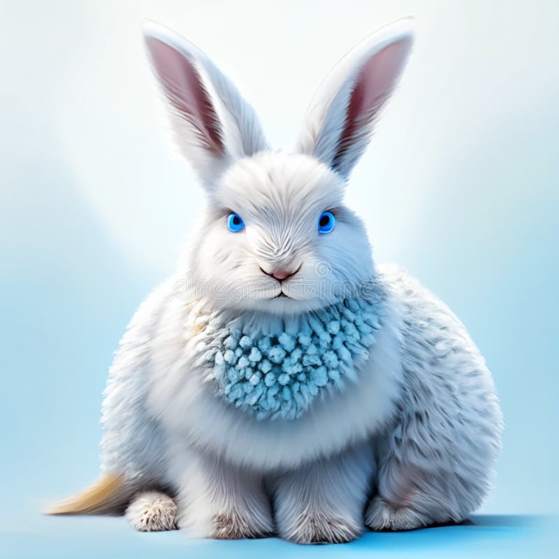 Cute Fluffy White Rabbit with Blue Eyes Sitting on Blue Background. 3d ...