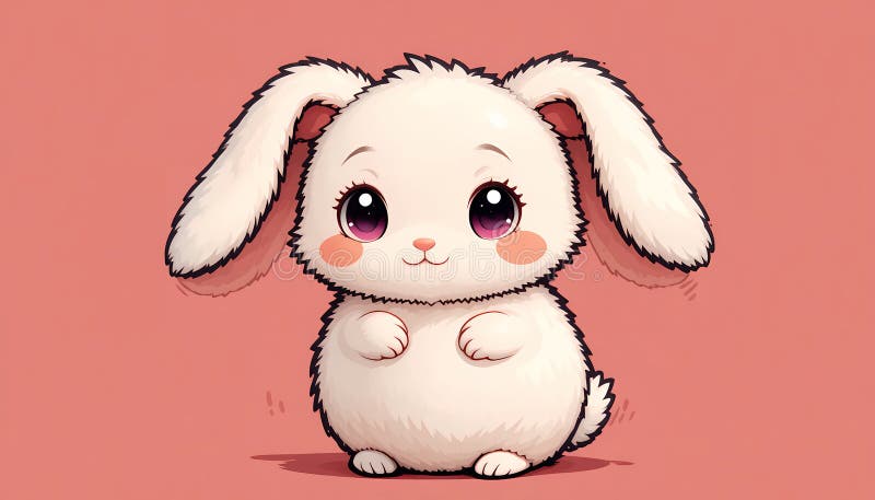 Cute Fluffy White Rabbit Cartoon Character on Pink Background ...