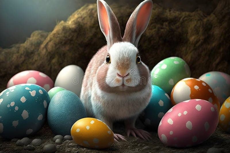 Cute Fluffy White Rabbit among Easter Multi-colored Chicken Eggs. AI ...