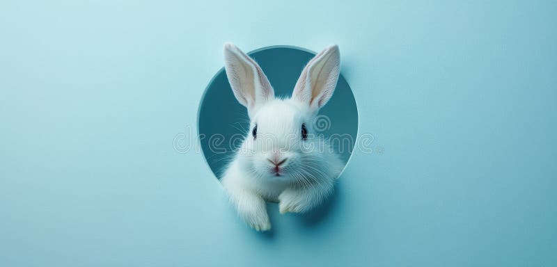 Adorable White Rabbit Peeking through a Circular Opening Against a Blue ...