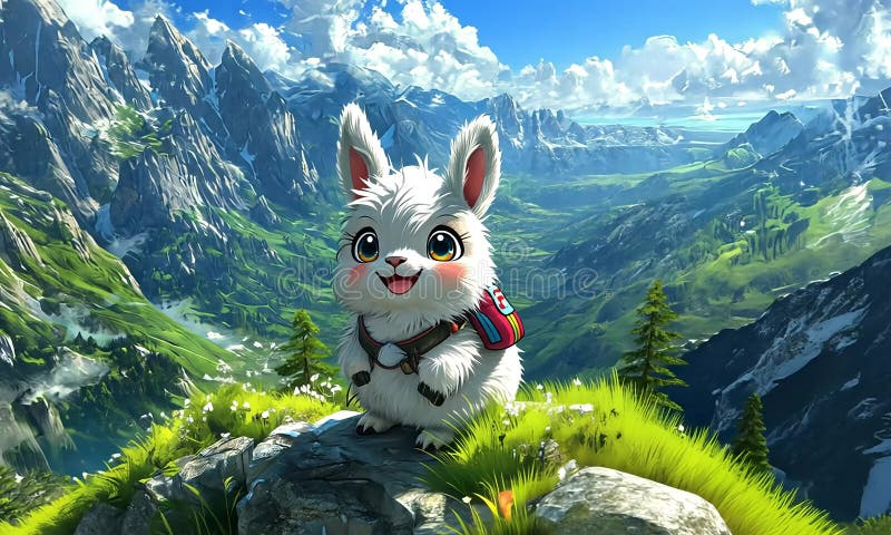 Cute Fluffy White Rabbit on Mountain Top, Backpack, Happy Expression ...