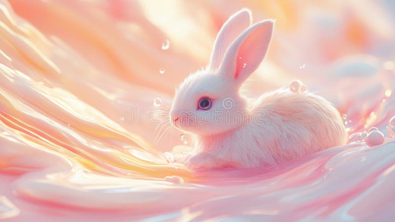 Cute Fluffy White Rabbit in Pastel Pink and Orange Dreamy Setting Stock ...