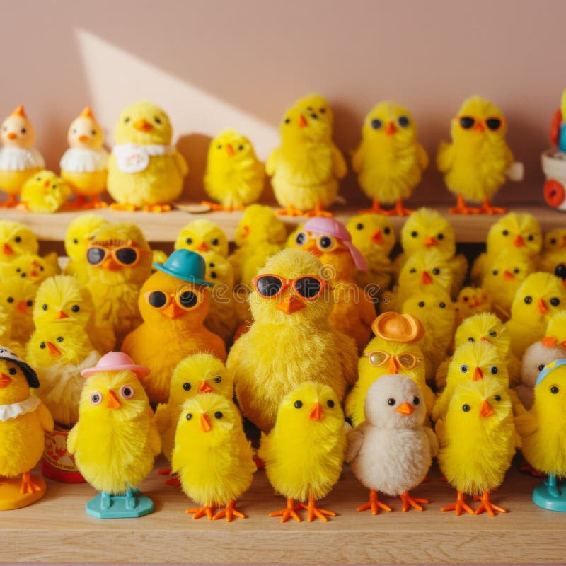 Cute Fluffy Yellow Chicks Collection on Wooden Shelf Stock Illustration ...