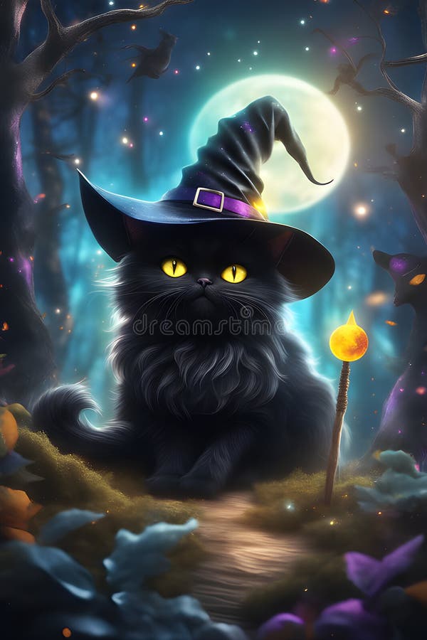 A Cute Fluffy Yellow Eyed Black Cat with a Witch Hat Stock Illustration ...