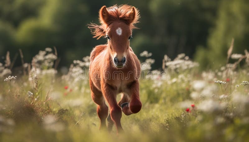 Cute Foal Running in Green Meadow Generated by AI Stock Illustration ...