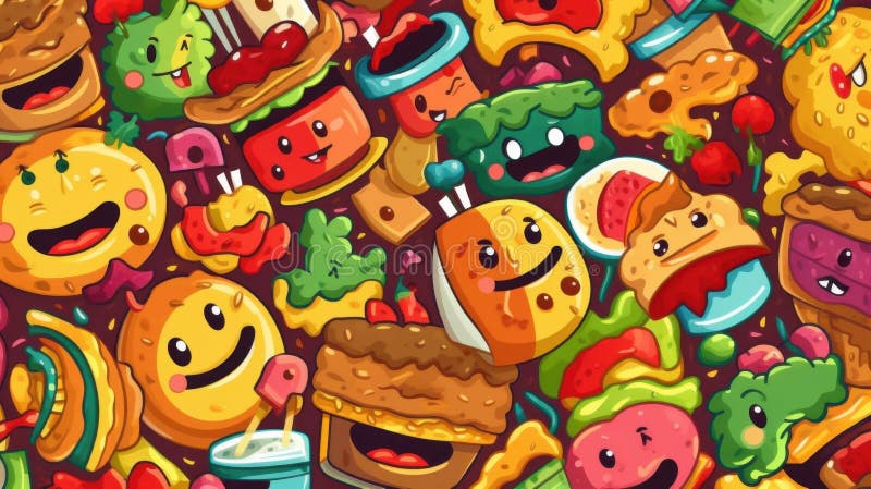 Cute Food Characters Seamless Pattern Stock Illustration - Illustration ...
