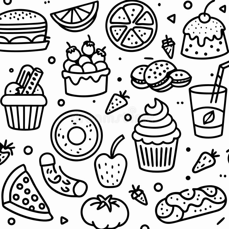 Cute Food Doodles, Seamless Pattern Stock Illustration - Illustration ...