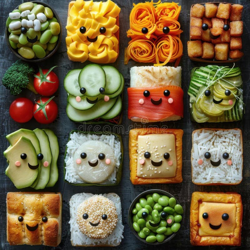 Cute Food Faces, Creative & Fun Snack Ideas Stock Illustration ...