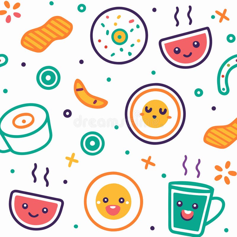Cute Food Pattern with Donuts, Watermelon, and Peanuts Stock Vector ...