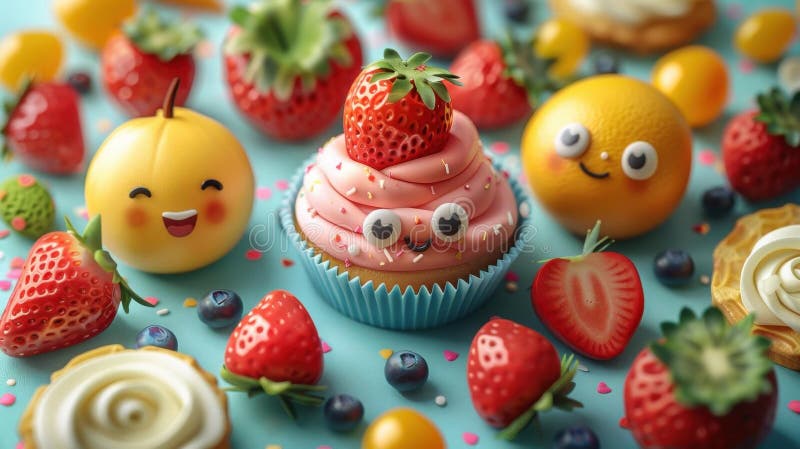 Cute Food with Smiley Faces on Blue Background Stock Illustration ...