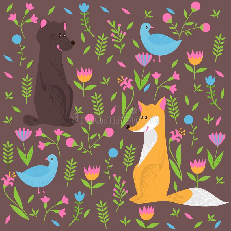 Cute Forest Animals and Flowers Stock Illustration - Illustration of ...