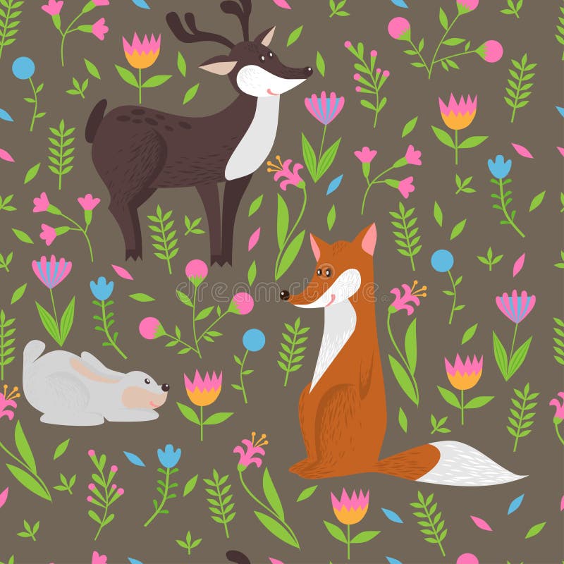 Cute Forest Animals and Flowers Stock Illustration - Illustration of ...