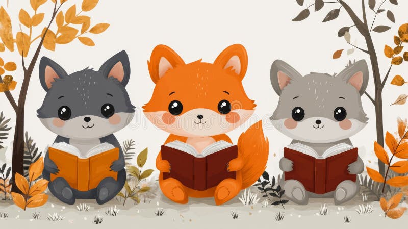 Cute Forest Animals Friends with Books Reading Stock Illustration ...