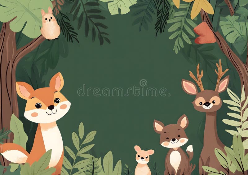 Cute Forest Animals in Lush Green Foliage with Empty Space. Stock ...