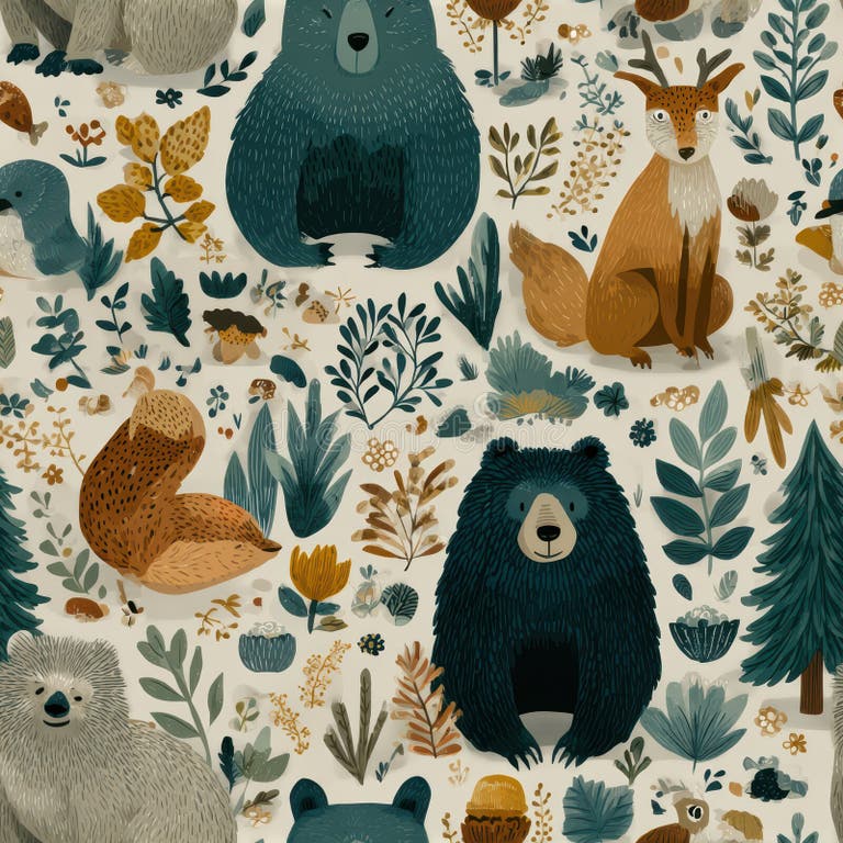 Cute Forest Animals Pattern Featuring Bears, Foxes, and Leaves Stock ...