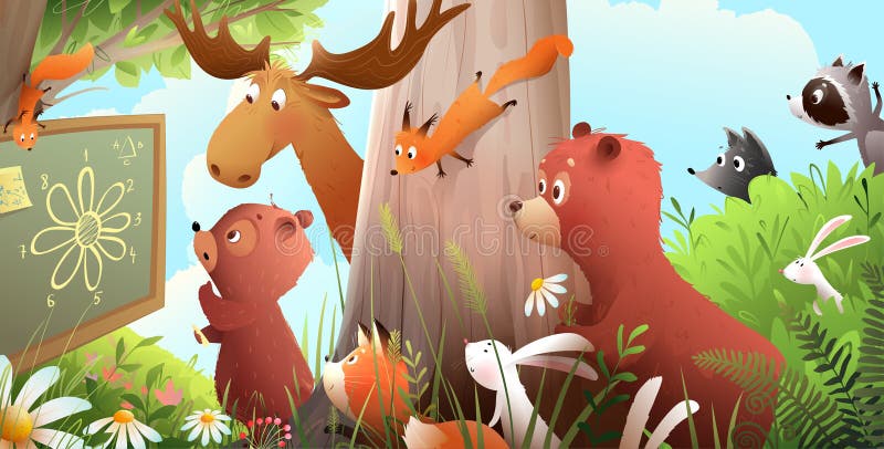 Cute Forest Animals Study Math Lesson Under Tree Stock Vector ...