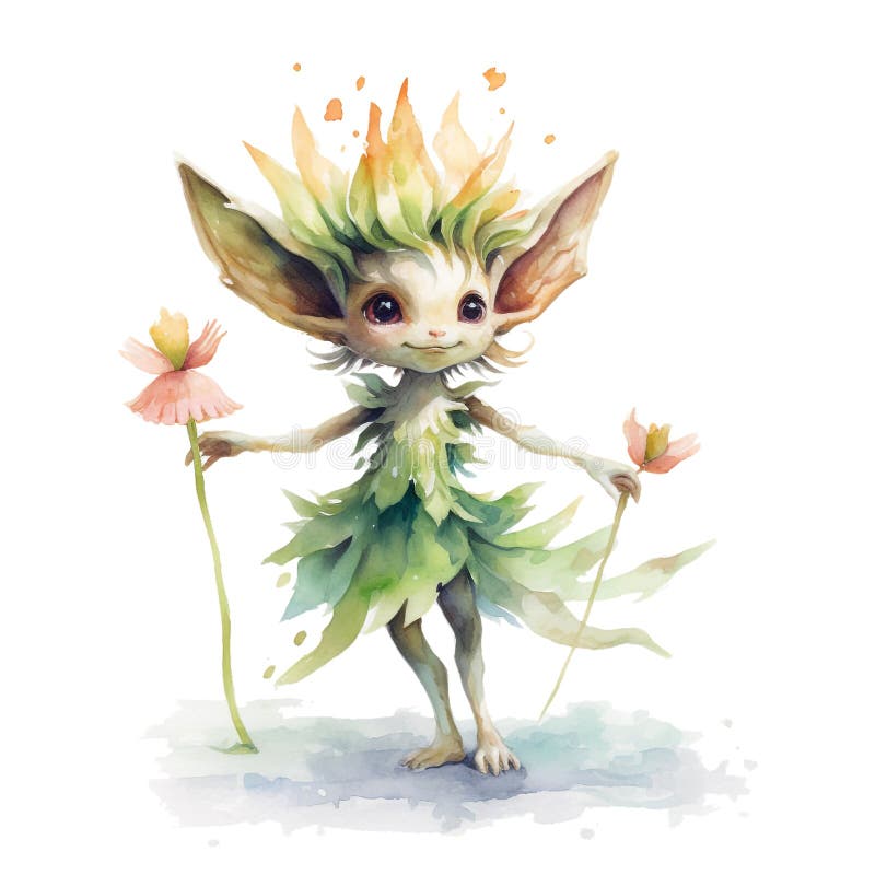Cute Forest Fairy, Pixie Watercolor on Transparent Background Stock ...