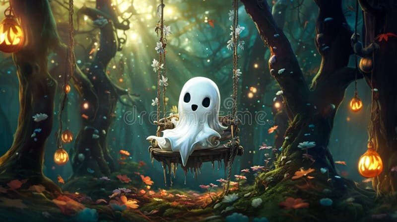 A Cute Forest Ghost Swings on a Swing Hanging. Generative AI. Stock Image - Image of tombstone ...