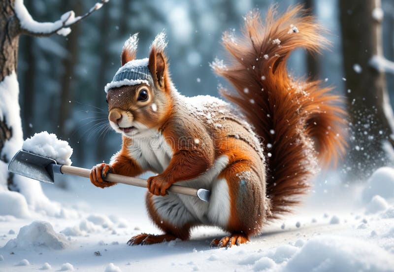 Cute Forest Squirrel Cleaning Snow in His Forest Stock Photo - Image of ...