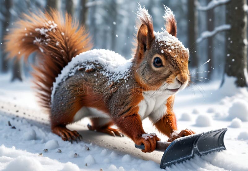 Cute Forest Squirrel Cleaning Snow in His Forest Stock Photo - Image of ...
