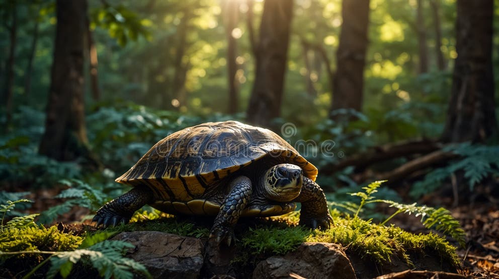 A Cute Forest Turtle Standing on a Rock in a Wild Forest. Stock ...