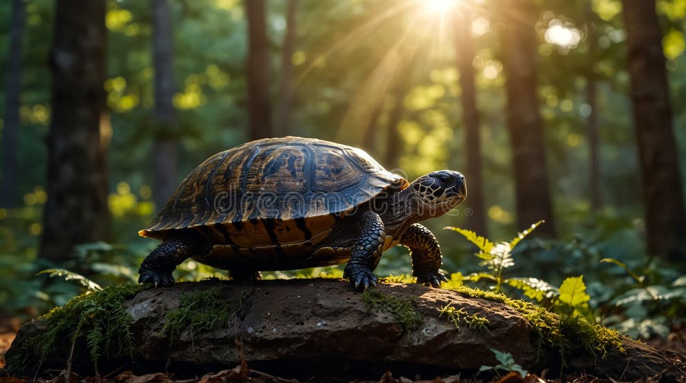 A Cute Forest Turtle Standing on a Rock in a Wild Forest. Stock ...