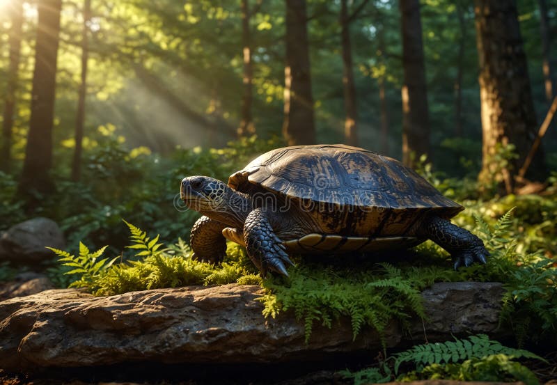 A Cute Forest Turtle Standing on a Rock in a Wild Forest. Stock ...