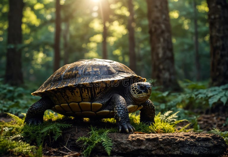 A Cute Forest Turtle Standing on a Rock in a Wild Forest. Stock ...