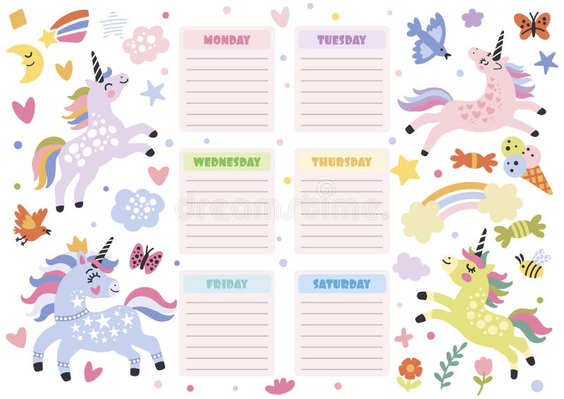 Cute Four Unicorns Printable Weekly Planner Vector Stock Vector ...