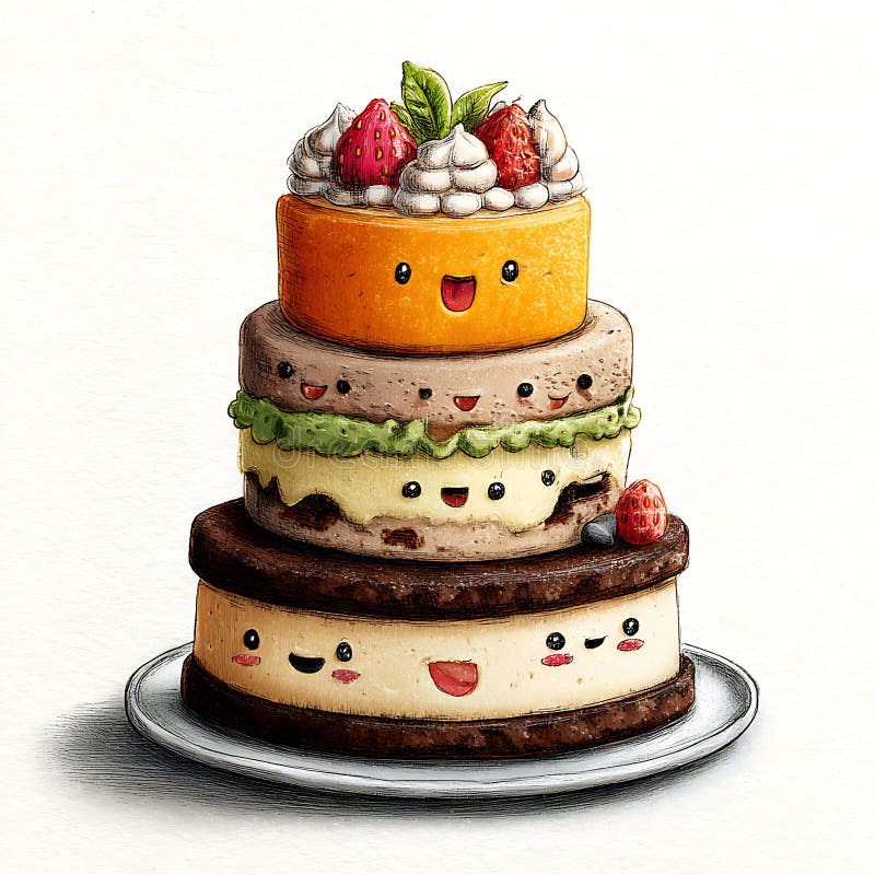 Cute FourLayered Cake Tower with Smiling Faces Stock Illustration ...
