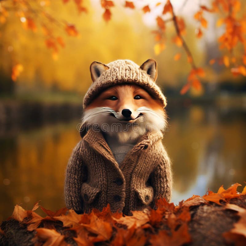 Cute Fox in Autumn Coat with Hood on the Background of Autumn Park ...