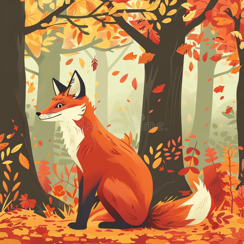 Cute Fox in Autumn Forest. Colorful Fall Illustration Stock Photo ...