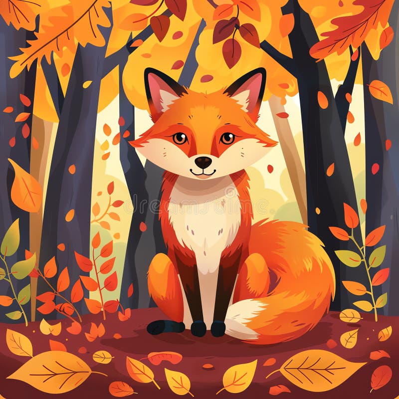 Cute Fox in Autumn Forest. Colorful Fall Illustration Stock Image ...