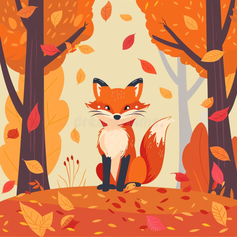 Cute Fox in Autumn Forest. Colorful Fall Illustration Stock Image ...
