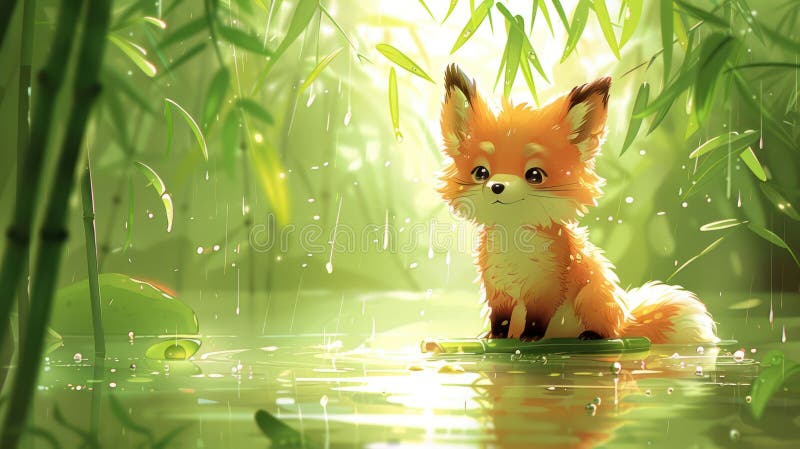 Adorable Fox Kit in Rainy Bamboo Forest Stock Illustration ...