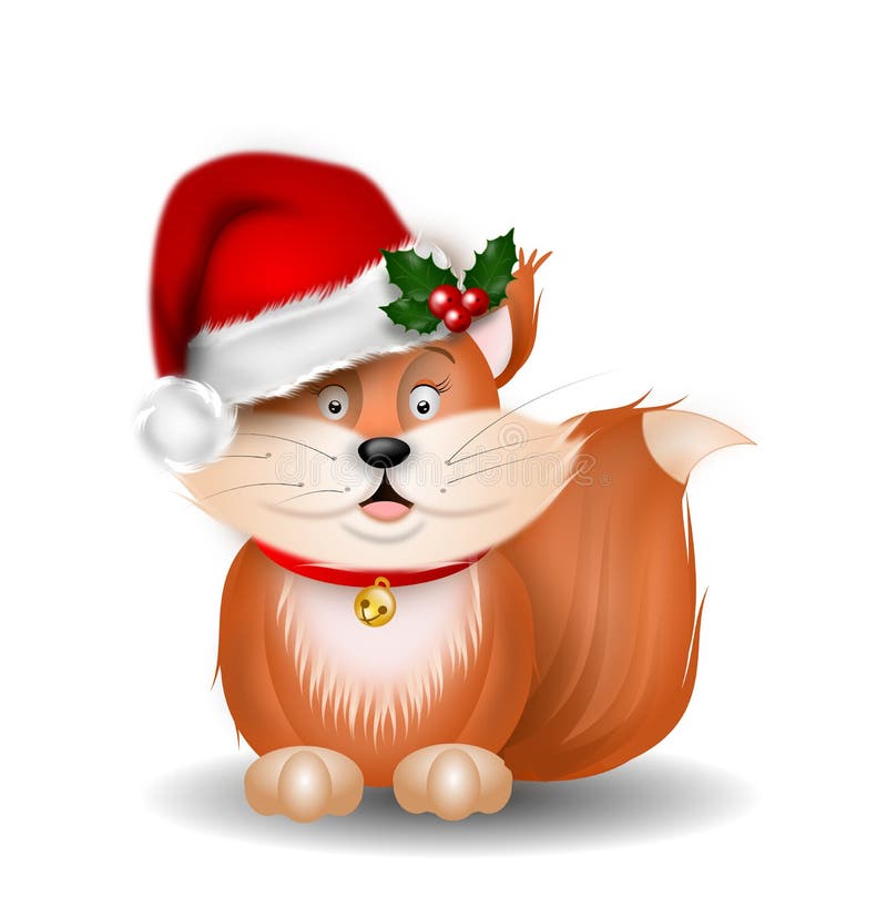Cute Fox with Christmas Santa Hat Stock Illustration - Illustration of ...
